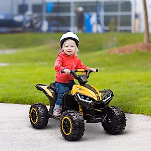 Aosom 12V Kids ATV Quad Car with Forward & Backward Function, Four Wheeler for Kids with Wear-Resistant Wheels, Music, Electric Ride-on ATV for Toddlers Ages 3+ Years Old, Yellow