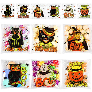 Blosssound 300 Pcs Halloween Cellophane Treat Bags Halloween Self Adhesive Candy Bags Clear Witch Cat Pumpkin Goodie Cookie Gift Bags for Halloween Party Favors Supplies