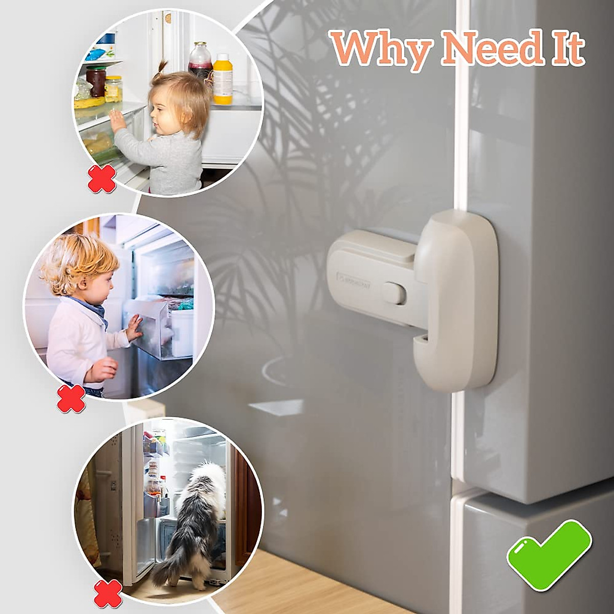 EUDEMON 1 Pack Updated Child Proof Refrigerator/Fridge/Freezer Door Lock Apply to Max 1"(25mm) Sealing Strip for Toddlers and Kids, no Tools Need or Drill (Grey)