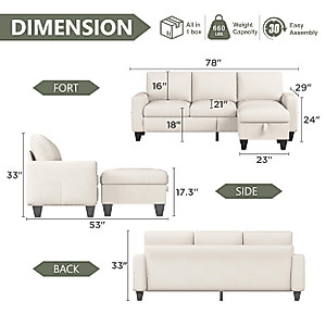 Convertible Sectional Sofa Couch, 78 inch Beige Couches for Living Room, Sectional Couch with Reversible Storage Ottoman, 3-Seat L-Shaped Couch for Living Room, Apartment, Office, Small Space