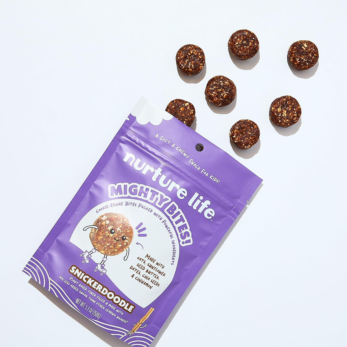 Nurture Life Mighty Bites - Snickerdoodle - Healthy Snacks for Kids & Toddlers Made with Oats Sunflower Seed Butter, Dates, Chia Seeds and Cinnamon - Plant-Based, Low-Sugar, High Fiber - 15 Pieces (Pack of 1)