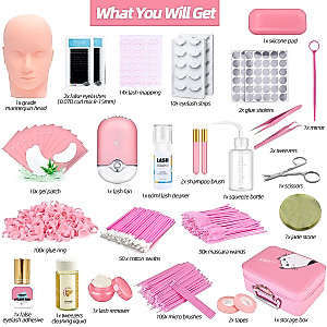 Lash Extension Kit Professional Eyelash Grafting Training Tools Mannequin Head USB Fan Lash Shampoo 0.07D Curl Mix 8-15mm Glue Practice Eyelash Strips Lash Mapping,Exercise Set for Beginner