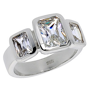 Sterling Silver Cubic Zirconia 3-Stone Ring Emerald Cut 1.2 ct Center Bezel Set, size 7