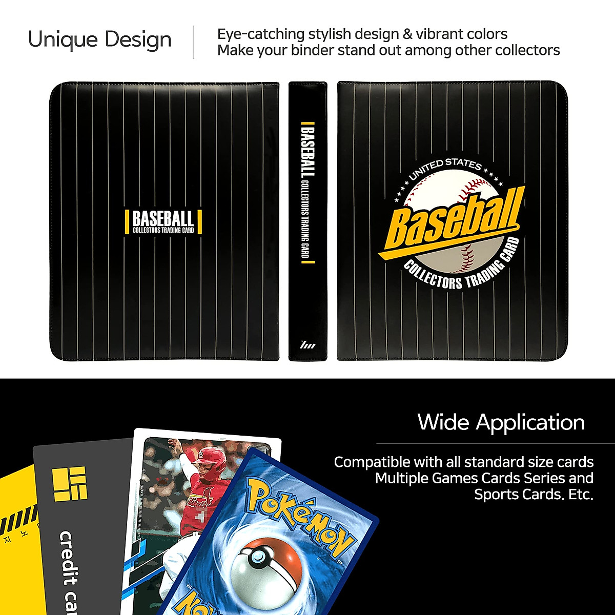 ZINOMAR Baseball Card Binder with Sleeves, 40 Pcs 9-Pocket Pages for 720 trading cards, Portable Card Collector Album Holder Book, Zip Carrying Case Display Storage for TCG - Black