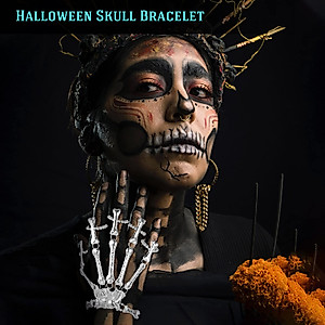 5 Pieces Full Finger Ring Punk Wristband Skull Fingers Hand Bracelet Skull Finger Skeleton Joint Bracelet Knuckle Full Ring for Halloween Accessories (Silver)