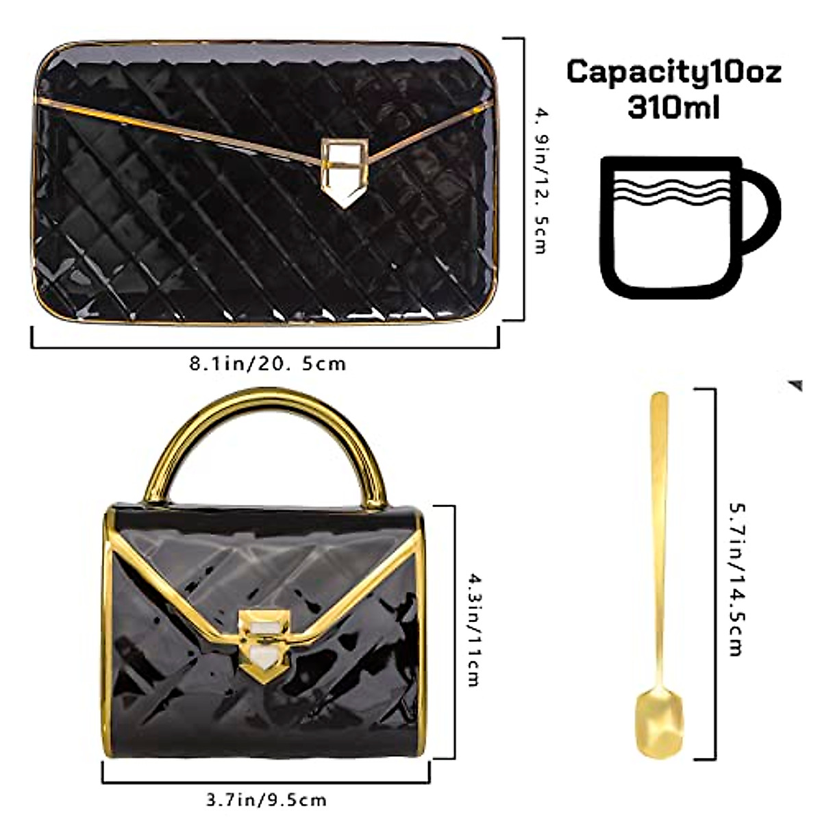 FLLETY Coffee Mug,Tea Cup Set,Coffee Cups Ceramic Travel Mug,Handbag Shaped Mug With Saucer And Spoon,Halloween Mugs With Gift Box For Women (Black)