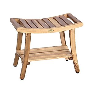 EcoDecors Harmony Teak Shower Bench Natural Wood Shower Bench with Shelf and LiftAide Arms 24" Shower Stool in Earthy Teak Finish