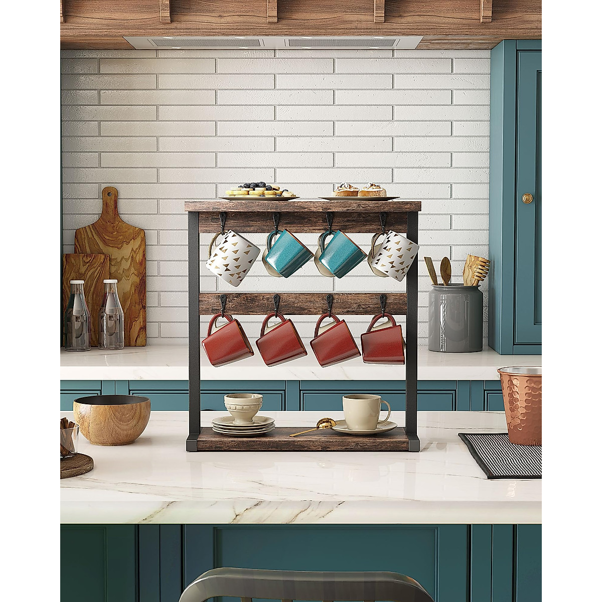 OROPY Wood Coffee Mugs Holder for Counter with 16 Hooks, 2 Tier Mugs Tree with Top Storage Shelf, Vintage Countertop Mug Rack Stand for Home Coffee Bar Storage and Display