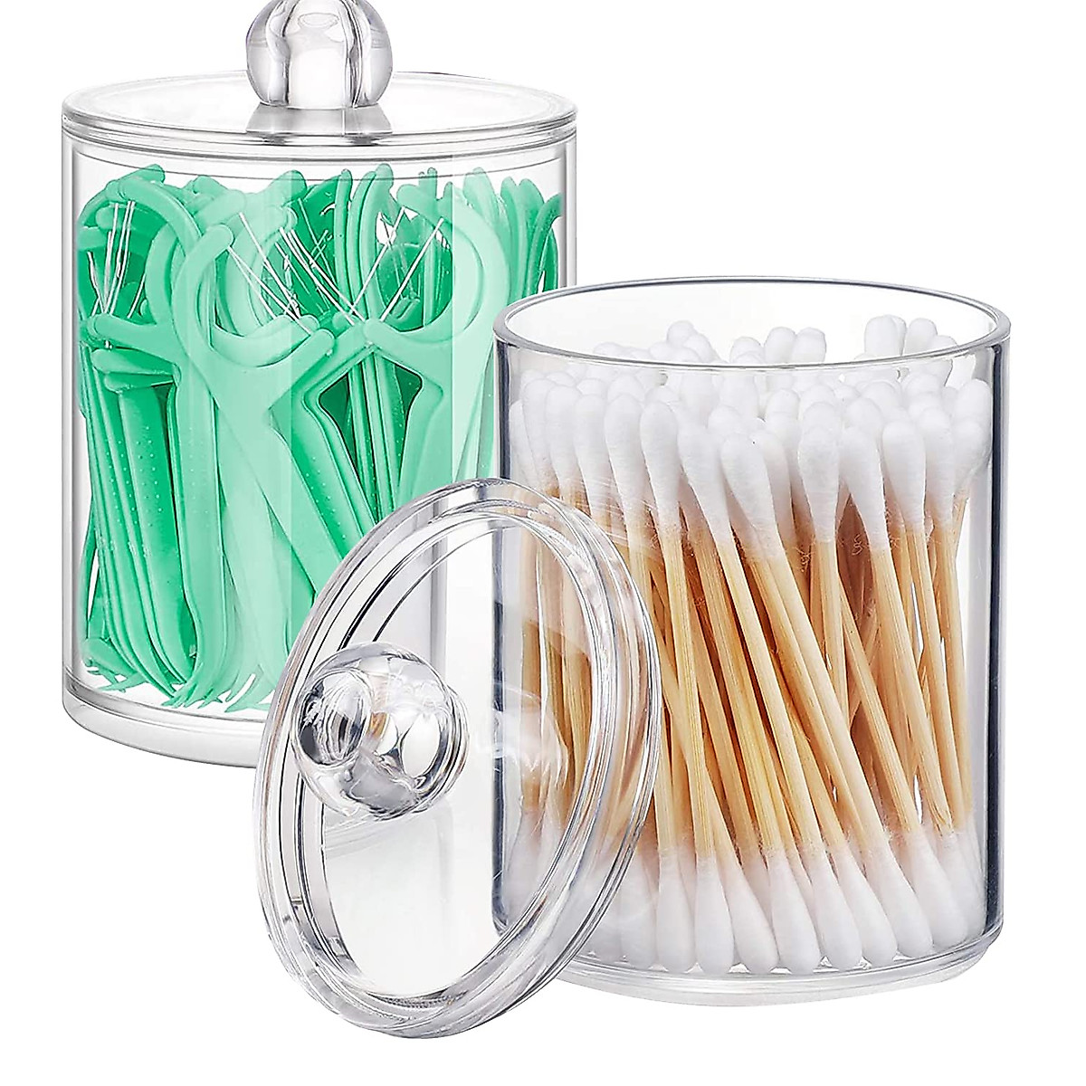 Sackei 2 Pack Qtip Holder Dispenser with Lid, Clear Acrylic q tip Organizer and Storage for Cotton Swabs, Cotton Ball, Floss, Cotton Round Pads, Bathroom Decor Accessories for Vanity Makeup Canister