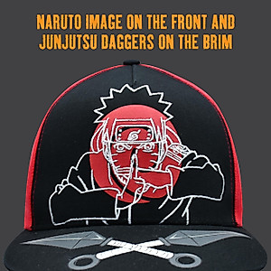 Naruto Baseball Hat, Jutsu Daggers Design Adult Snapback Cap with Flat Brim, Red/Black, One Size