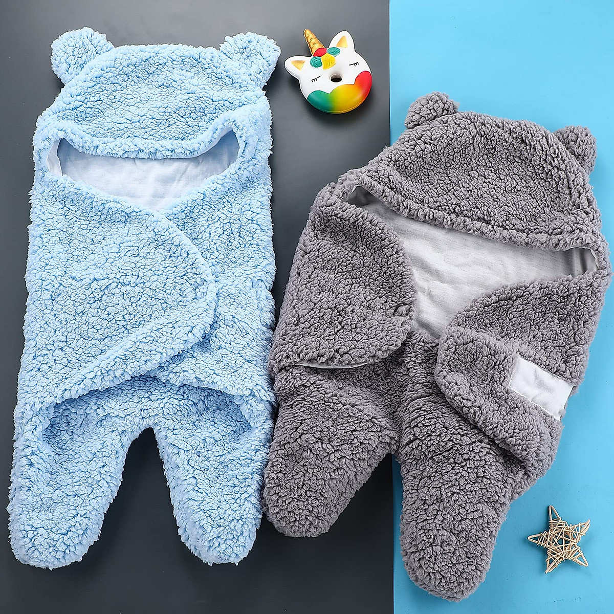 Tatuo 2 Set Newborn Plush Swaddle Blankets Cute Swaddle Hooded Swaddle Blanket Baby Boys Girls Receiving Hooded Sleeping Bag Infant Sleep Swaddling (Blue, Gray)