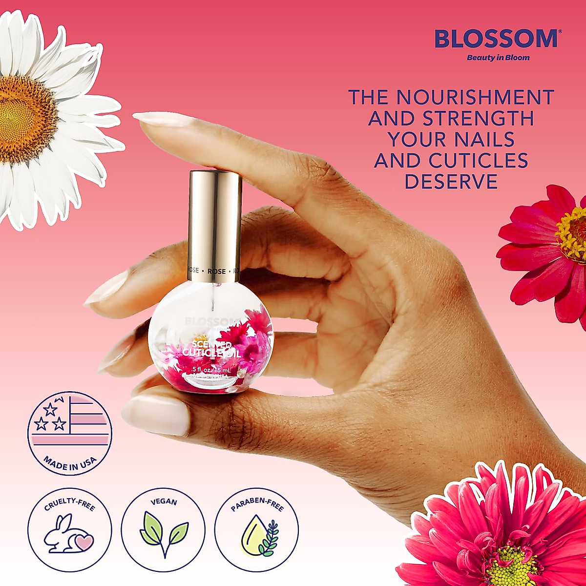 Blossom Hydrating, Moisturizing, Strengthening, Scented Cuticle Oil, Infused with Real Flowers, Made in USA, 0.5 fl. oz, Rose