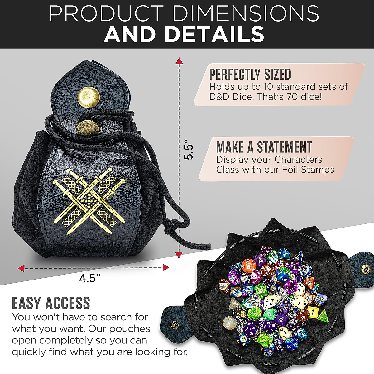 Guilt Free Gaming Genuine Leather RPG Bag | Foil Stamped | Holds 70 Dice | Great for Coins | Timeless Style | Great for DMs and Players