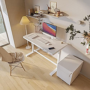 AITERMINAL Glass Standing Desk with Drawer, Electric Height Adjustable Home Office Desk with Storage & USB Ports, 45 x 23 Inch Tempered Glass Tabletop (White)