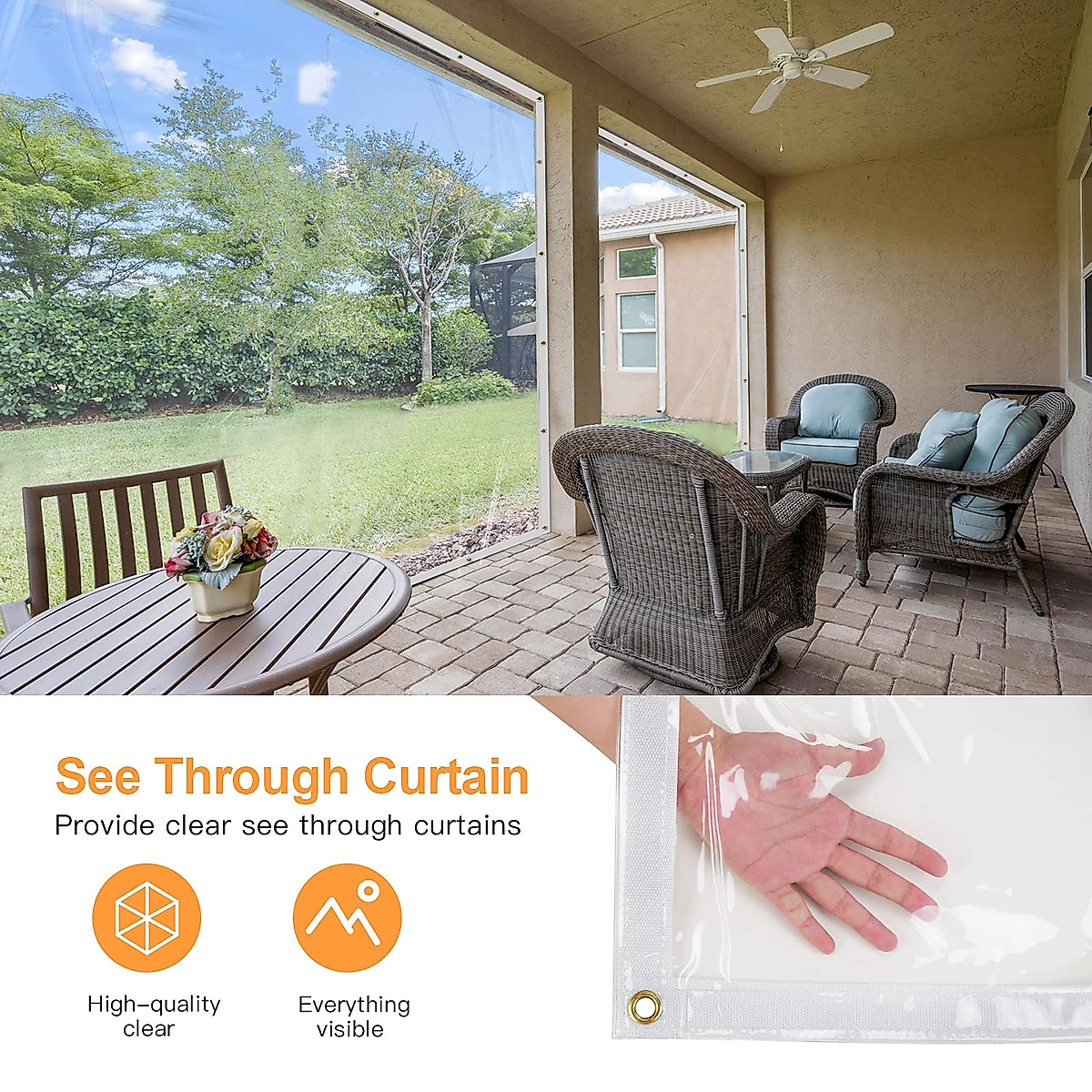 10 x 10FT Outdoor Clear Tarp Curtain Waterproof Wind-Proof 24 Mil Transparent Vinyl Tarp for Patio Pergola Garden Canopy Rainproof Anti-Tear PVC Thick Cover with Grommets