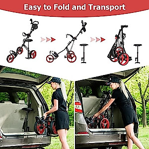 Tangkula Golf Push Cart with Seat, Lightweight Folding 3 Wheels Golf Pull Cart, Golf Trolley with Scoreboard Bag Foot Brake, Cup & Umbrella Holder, Height-Adjustable Handle, Golf Push Pull Cart