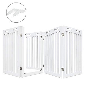 Arf Pets Freestanding Dog Gate with Door, 4 Panel 360° configurable Wooden White Fence, 80" Wide, 31.5" Tall, Foldable, Set of Foot Supporters Included, for The House - Indoor Use