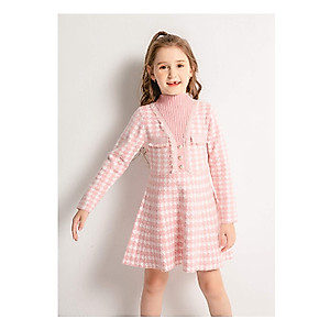 SMILING PINKER Girls Dresses Houndstooth Knitted Sweater Flare Winter Dress Mock Neck (Pink, 8-9 Years)