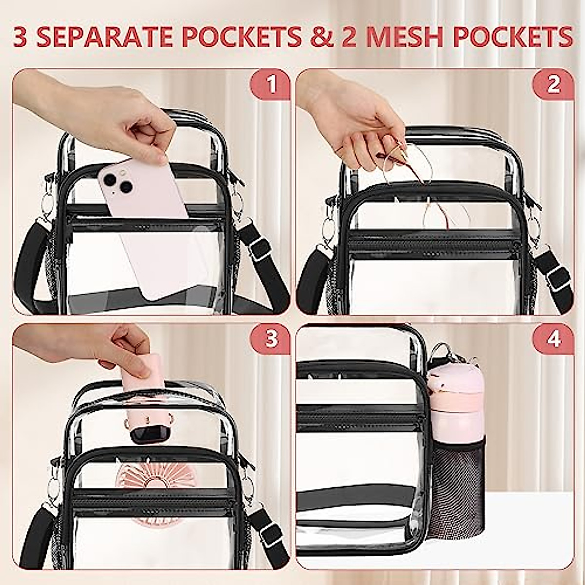 Blvornl Clear Crossbody Bag with Adjustable Shoulder Strap, Stadium Approved PVC Clear Purse Bag with Front and Side Pocket, Clear Messenger Bag for Women and Men for Concerts Events Festivals