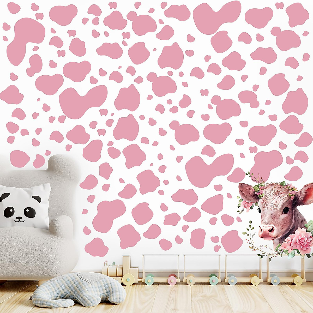 184 Pcs Cow Print Stickers, Adhesive Wall Stickers Cow Print Vinyl Art Decal Removable Wall Decor Waterproof Animal Design Decals for Bedroom Living Room Nursery(Pink)