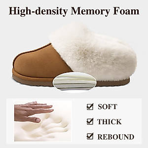 Litfun Fuzzy House Slippers for Women Fluffy Memory Foam Suede Slippers with Faux Fur Collar Indoor Outdoor, Brown 40/41 (Size 7.5-8)