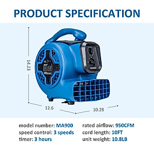 DRYACE 950CFM Centrifugal 1/4HP Air Mover,Carpet Dryer, Blower, Stackable, Daisy Chain,Portable Floor Blower Fan,for Janitorial, Home, Commercial Use