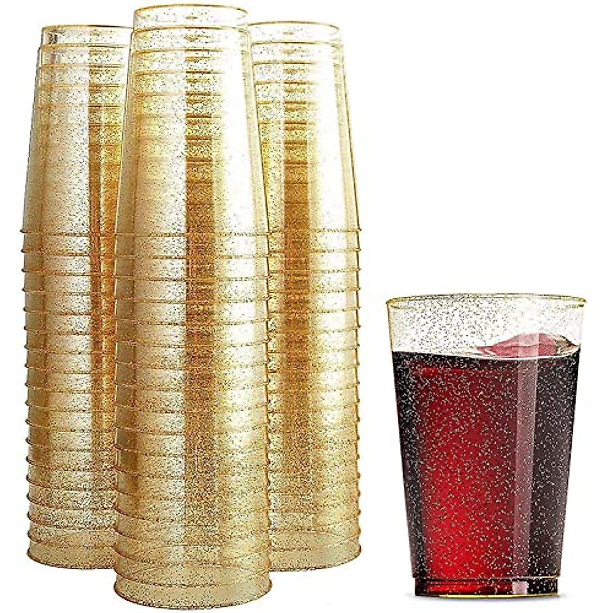 Munfix 100 Glitter 12 Oz Clear Plastic Cups Tumblers Gold Glitter Disposable Wedding Elegant Party Cups Recyclable and BPA-Free