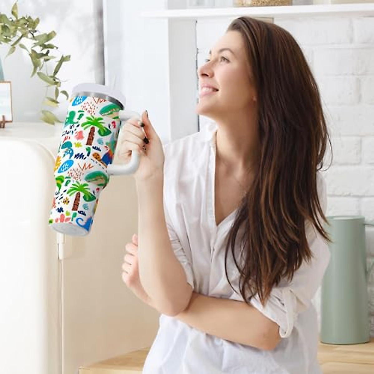 RPLIFE Dino Doodle Collection 40oz Tumbler with Handle, Stainless Steel Coffee Cup, Insulated Water Bottle with Straw