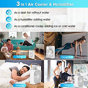 Portable Air Conditioner Fan,900ML Personal Air Conditioner with Ice Tray,5in1 Timming Evaporative Air Cooler,Cooling Fan with 7 Colors Light, 5 Sprays,3 Speeds,Ac Fan for Small Room,Office,Car,Camp (White)