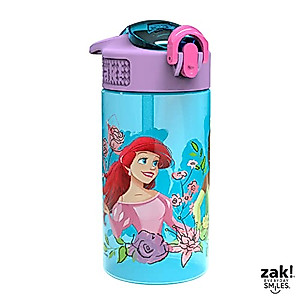 Zak Designs Kids Durable Plastic Spout Cover and Built-in Carrying Loop, Leak-Proof Water Design for Travel, (16oz, 2pc Set), Disney Princess