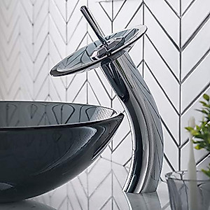 Single Lever Vessel Glass Waterfall Bathroom Faucet Chrome with Black Clear Glass Disk and Matching Pop Up Drain