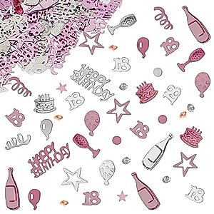 OSDUE 3000 Pieces Pink Gold Silver Happy Birthday Confetti, 18 Years Birthday Cake Confetti, Metallic Foil Balloon Confetti, Table Scatter Confetti Decoration Supplies, for Birthday Party (18th Style)