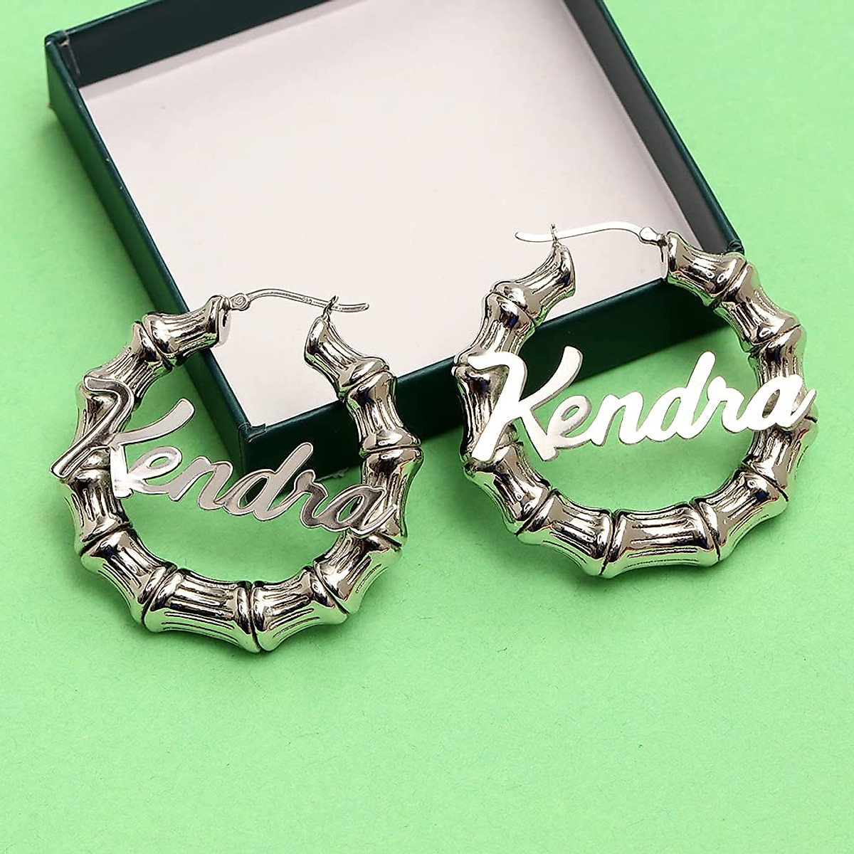 LeCalla Personalized Bamboo Earrings with Name Customized 925 Sterling Silver Bamboo Name Hoop Earrings for Women
