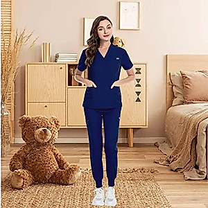 niaahinn Unisex Scrub Set Scrubs Top and Pants Medical Uniform V-Neck Top & Multi Pocket Pants (Navy Blue,M)