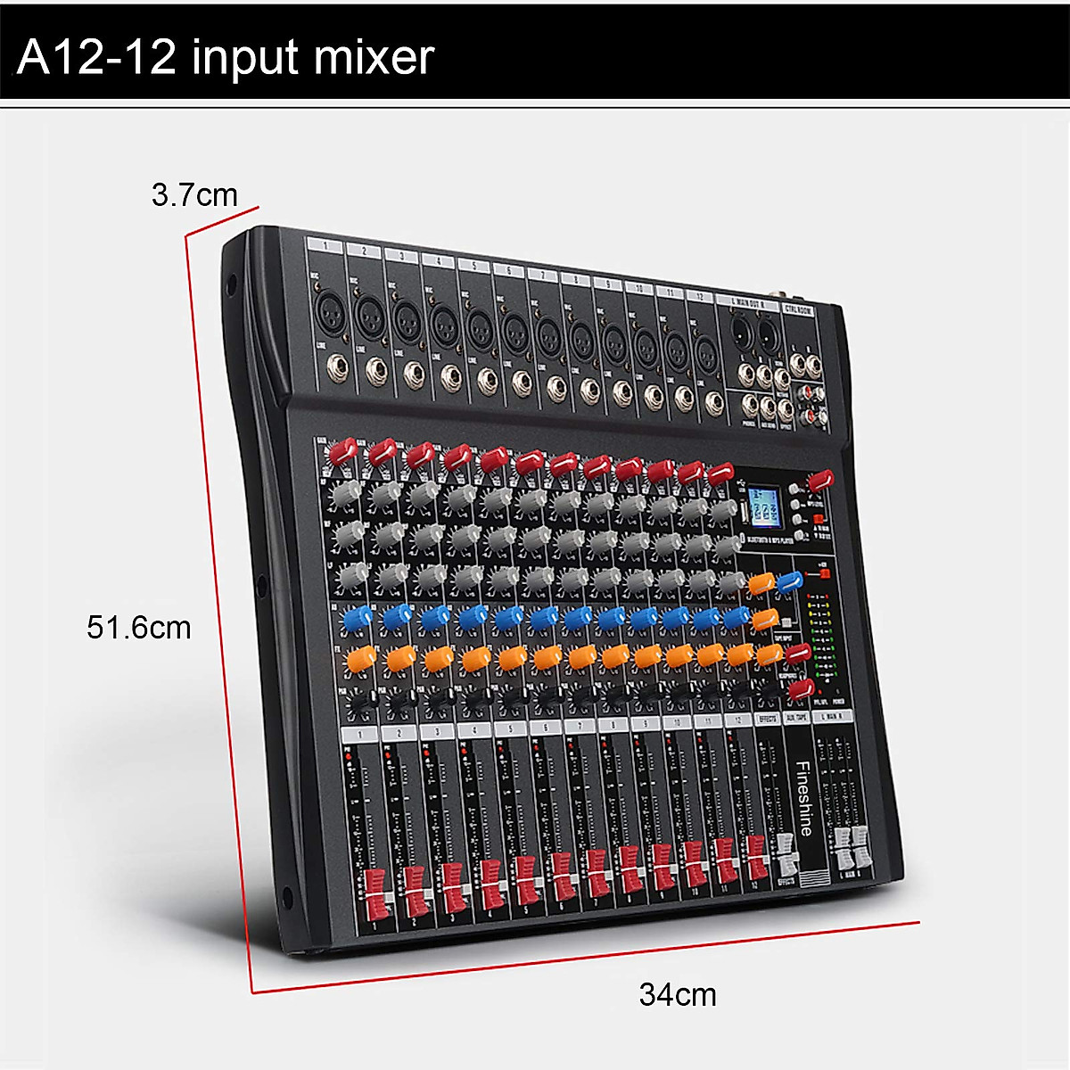 Fineshine 8/12/16 Channel Audio Mixer Sound Mixing Console with Bluetooth USB,PC Recording Input, XLR Microphone Jack, 48V Power, RCA Input/Output for Professional and Beginners (12 channel)
