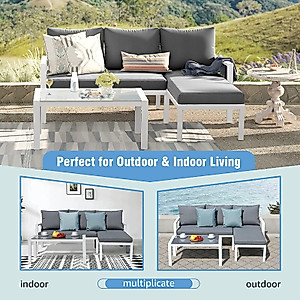 Soleil Jardin Outdoor Patio Furniture Set with Chaise Lounge, Aluminum Sofa Set for Porch Garden, Space Saving L-Shaped Corner Sectional Chair with Glass Coffee Table, White Finish & Grey Cushion