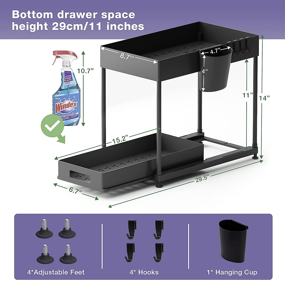 NYYTGE Under Sink Organizer Under Bathroom Cabinet Storage 2 Tier Storage Rack with 4 Hooks, Under Cabinet Organizer Baskets, Multi-Purpose Under Sink Shelf Organizer for Bathroom Kitchen