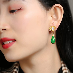 BETHZA Green Jade Earrings 925 Sterling Silver Gold Plated Teardrop Jade Dangle Earring Chinese Style Fan Drop Earring Jewelry Gifts for Women