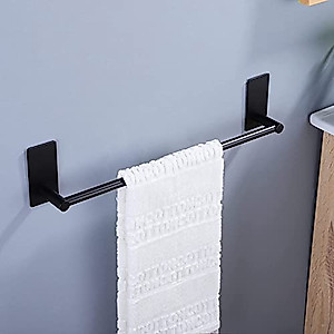 Pomojonbi Towel Holder with 2 Packs Adhesive Hooks 16-Inch Hand Towel Rack Towel Hook Stick on Wall, Bathroom Hardware Black