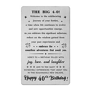 BAZLJY 40th Birthday Card - 40th Birthday Gifts for Men Women - 40 Year Old Birthday Engraved Steel Wallet Card for Him Her