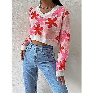 Floerns Women's Casual Rib Knit Long Sleeve V Neck Floral Pattern Drop Shoulder Crop Sweater Top Pink S