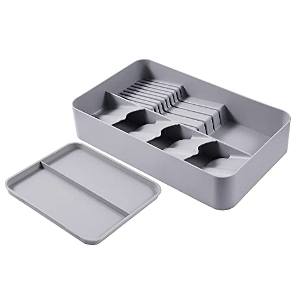 SOMIER 3-in-1 Kitchen Drawer Organizer Flatware Cutlery and Utensil Trays, 2-Tier Knife Holder - 4 Stacked Compartments Silverware Tray - A Removable Divider for Kitchen Gadgets Storage, Gray