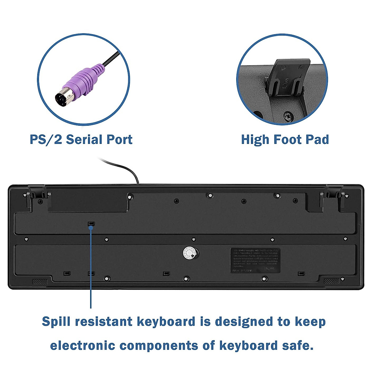 MCSaite Wired PS2 104 Keys Computer Keyboard with Stands,Black,Waterproof - US Layout Compatible for Windows, PC, Laptop