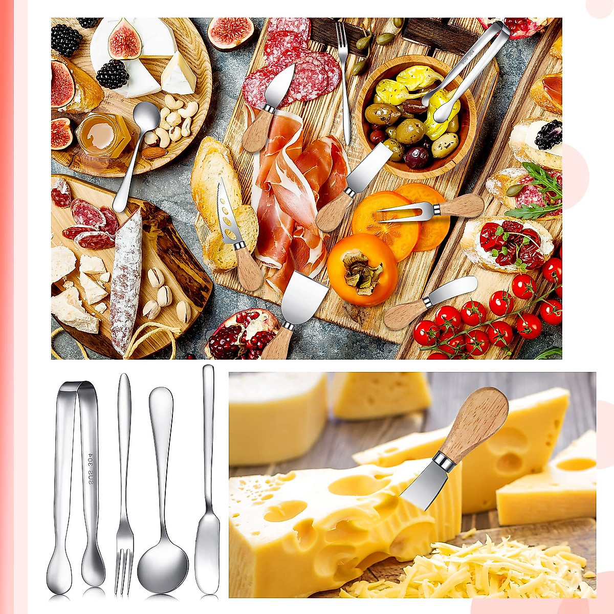 48 Pieces Cheese Knife Set Include 8 Pieces Stainless Steel Cheese Spatula Set with Wooden Handles 40 Pieces Stainless Steel Cheese Spatula Set for Birthday Wedding Christmas