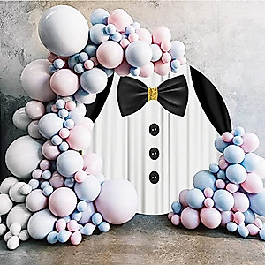DORCEV Diameter 6.5ft Gentleman Tuxedo Round Backdrop Black and White Suit Bow Tie Botton Gold Glitter Black Curtain Pattern Photography Background for Father's Day Baby Boy Shower
