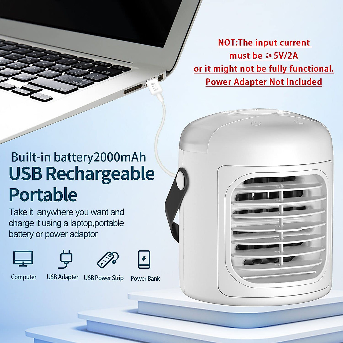 Portable Air Conditioner,Mini Personal Air Cooler,Desktop Portable Ac with Ice Packs,2000 mAh Rechargeable Battery