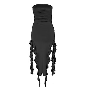 Women’s Bodycon Tube Dress Sexy Strapless Y2K Ruffle Trim Irregular Floral Tassel Split Ruched Club Night Party Midi Dress (as1, Alpha, s, Regular, Regular, Black)