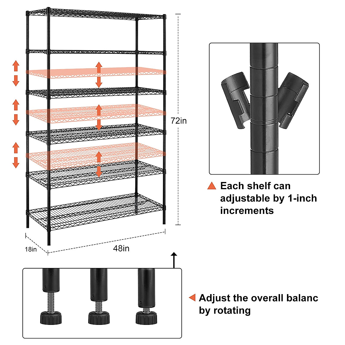 Meet perfect 6-Tier Steel Wire Shelving Unit NSF Heavy Duty 6000 LB Capacity Adjustable Storage Rack for Laundry Pantry Kitchen Closet Wire Rack in Black 1 Pack, 18" L x 48" W x 72" H