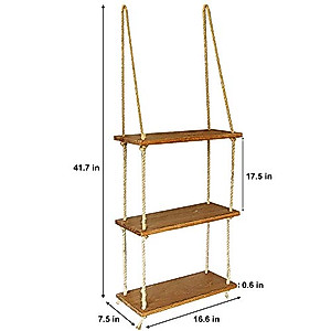 SAND MINE 3 Tier Wood Hanging Shelf, Floating Wall Swing Storage Shelves, Jute Rope Organizer Rack, Wall Shelf Plant Shelf Rope Shelf Storage Shelf Swing Shelf Floating Shelves Handmade Shelves
