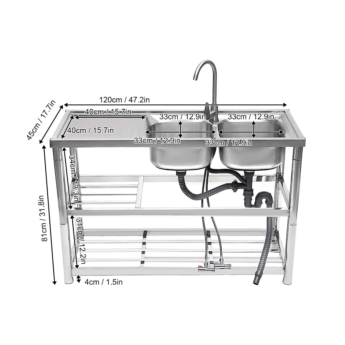 Commercial Kitchen Sink Catering Sink Commercial Stainless Steel Kitchen 2 Bowl Drainer Commercial Kitchen Prep & Free Standing Utility Sink for Garage, Restaurant, Kitchen